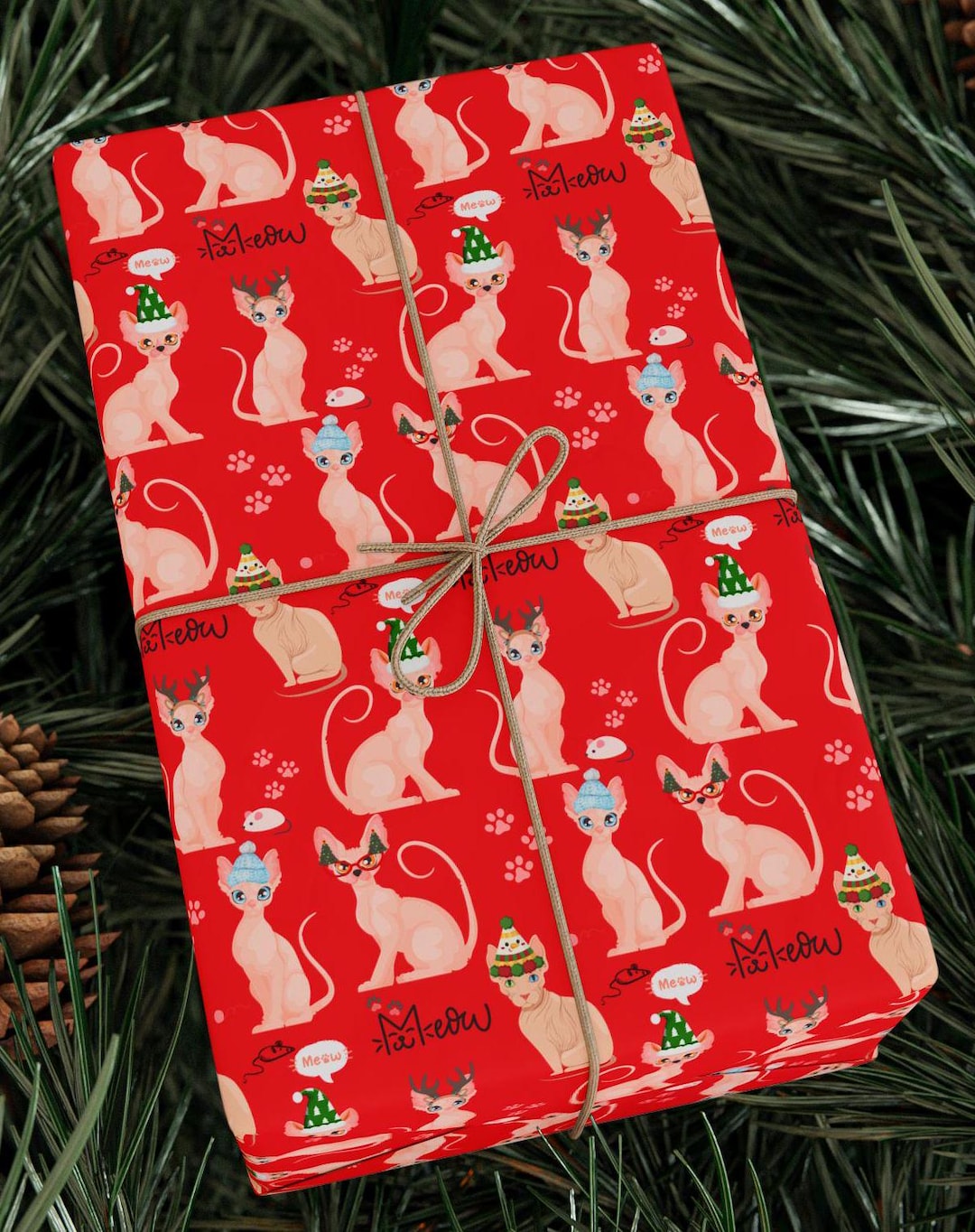 Gift Wrap, Cute Pink Sphynx Cat Christmas Wrapping Paper Adorable Cats ...