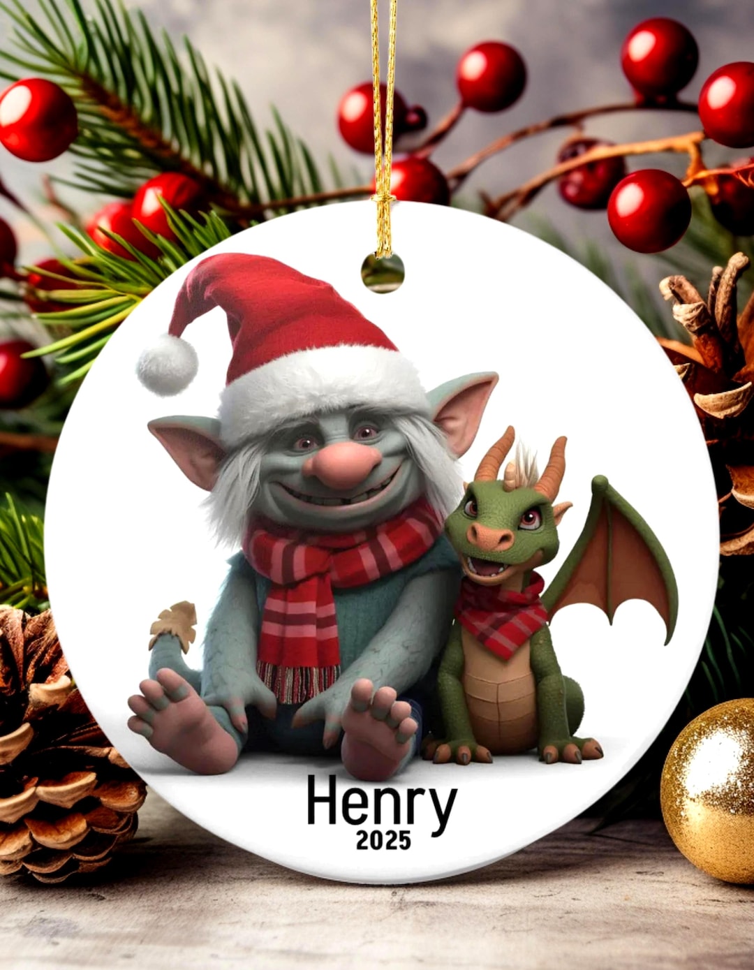 Personalized Troll and Dragon Christmas Ornament, Custom Fantasy Fan ...