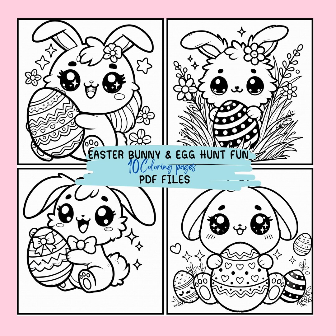 Easter Bunny Egg Hunt Fun Coloring Pages | Cute Kawaii Easter Egg Hunt ...