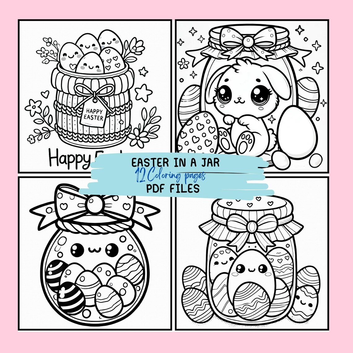 Kawaii Easter Coloring Pages: Bunny & Eggs in Jar (digital Download) - Etsy