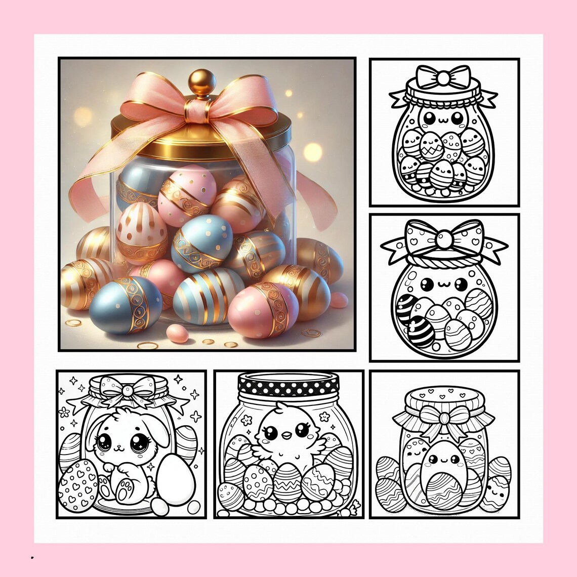 Kawaii Easter Coloring Pages: Bunny & Eggs in Jar (digital Download) - Etsy