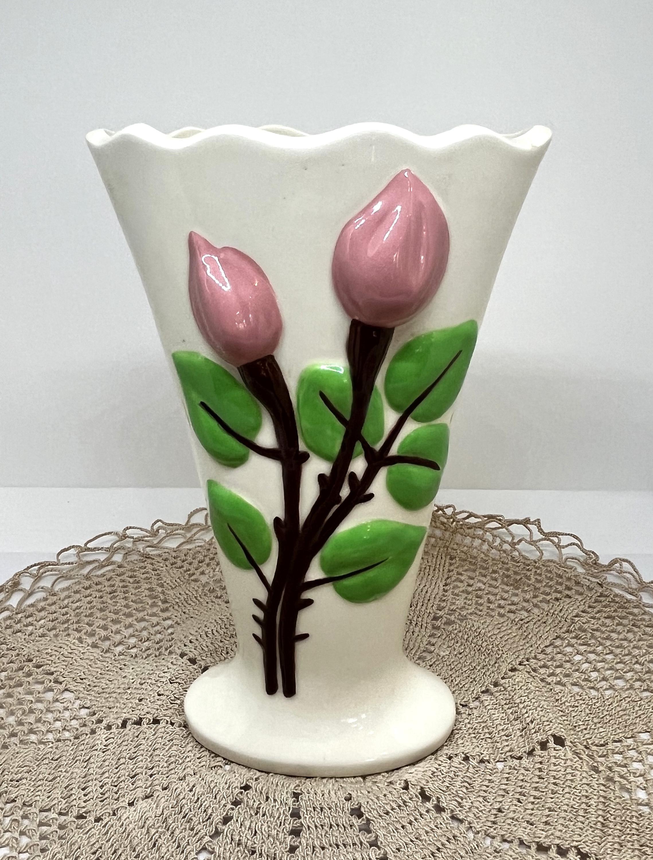 Vintage Colonial Co. Pottery Vase, Pink Floral Motif, Mid-century ...