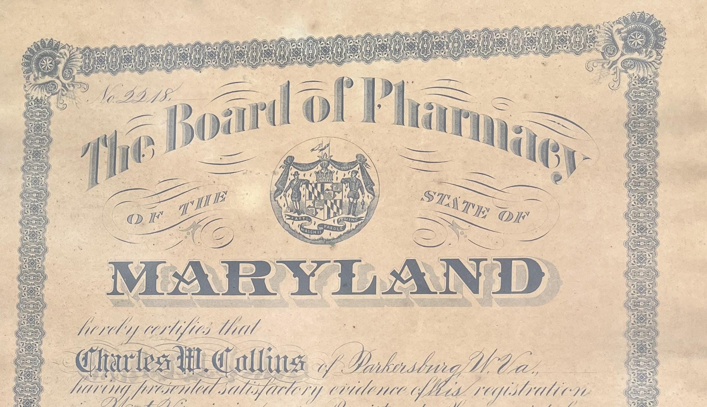 Antique Pharmacist License, Framed 1920 Board of Pharmacy Certificate ...