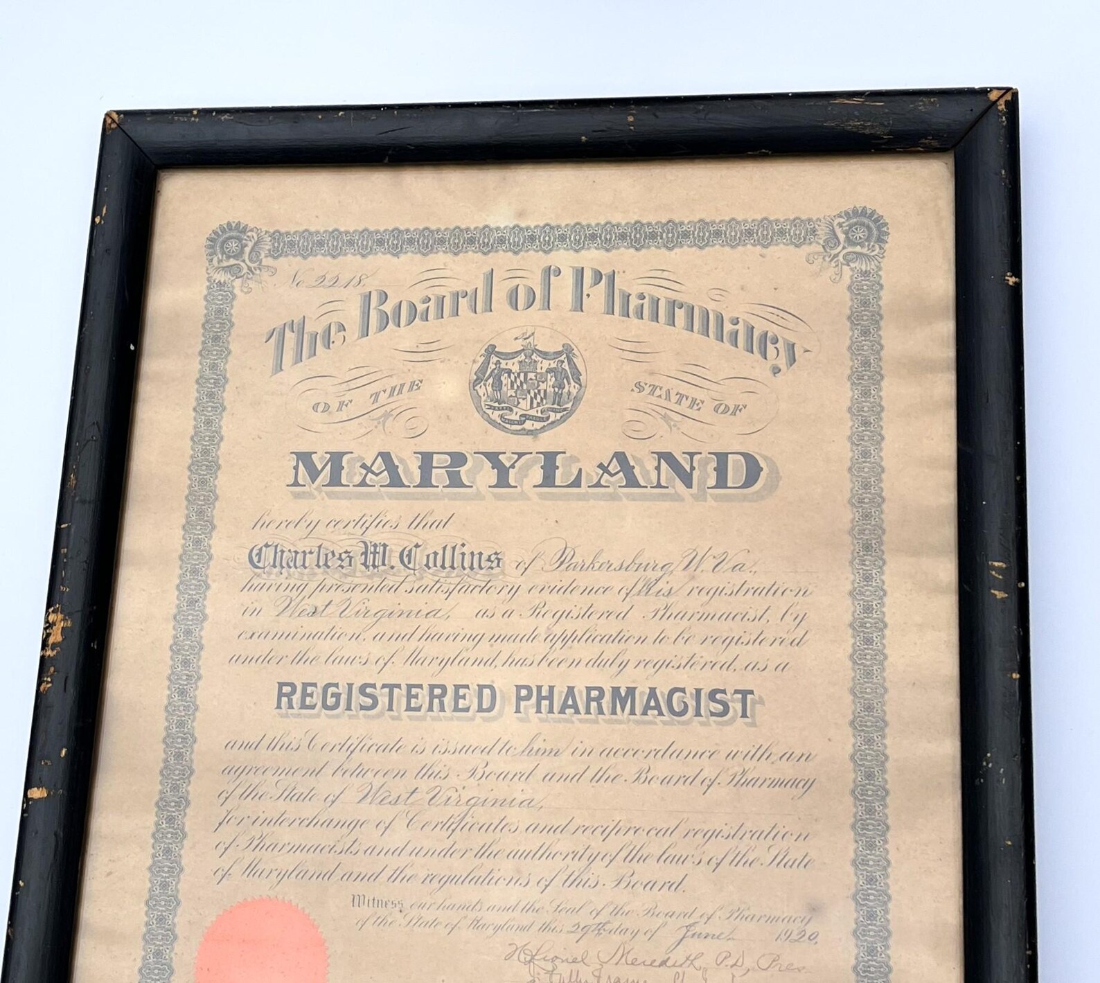 Antique Pharmacist License, Framed 1920 Board of Pharmacy Certificate ...