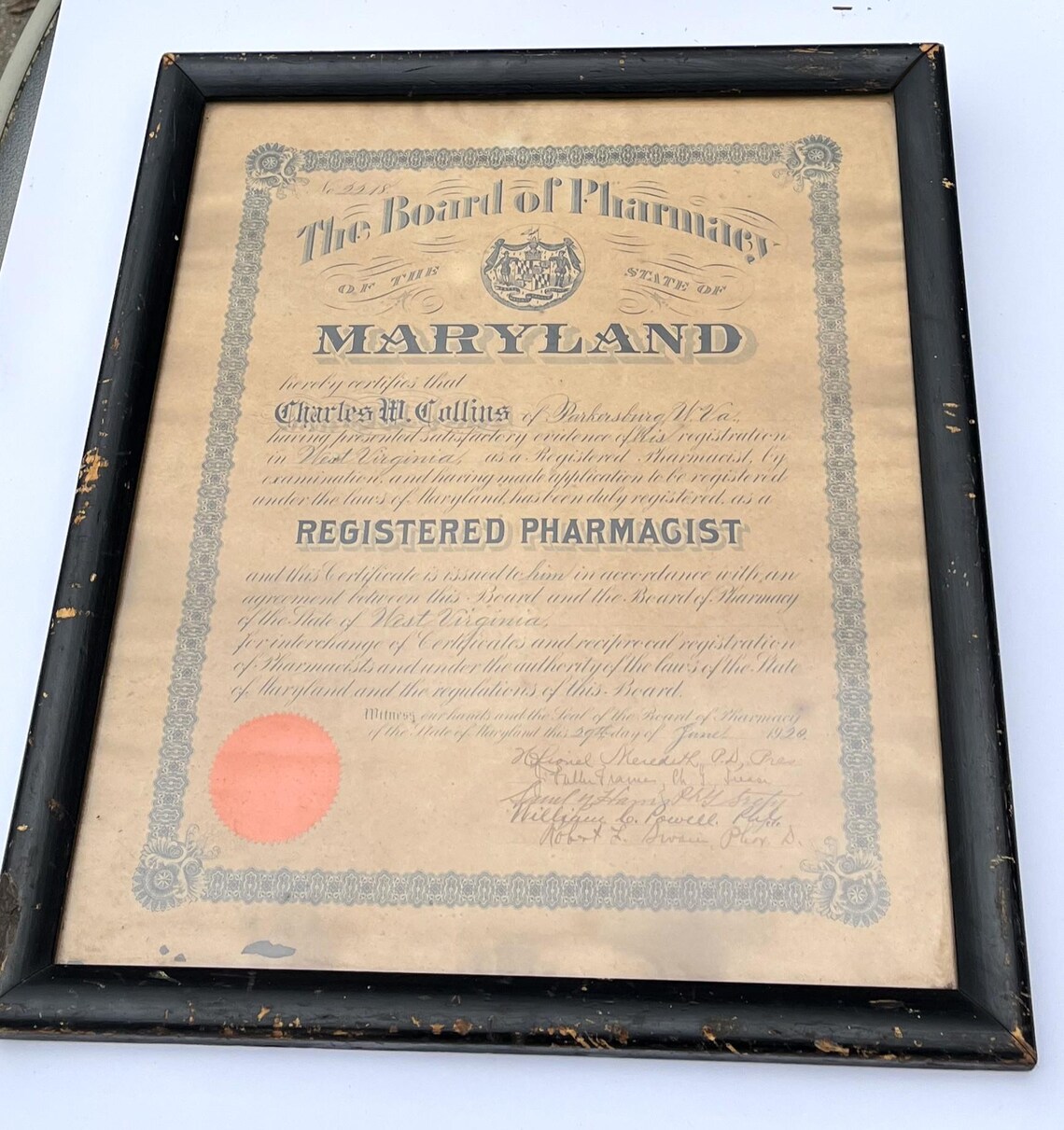 Antique Pharmacist License, Framed 1920 Board of Pharmacy Certificate ...