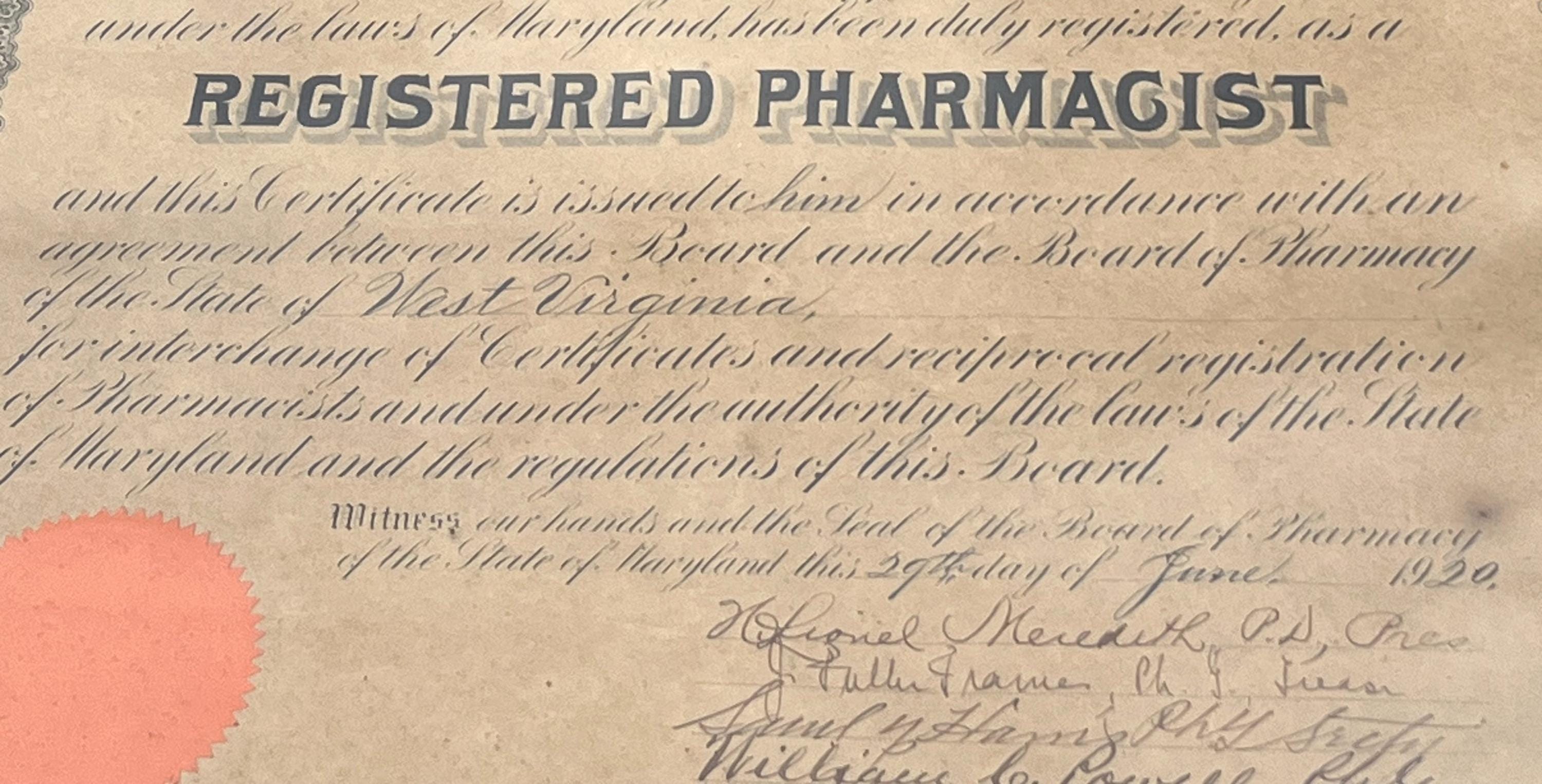 Antique Pharmacist License, Framed 1920 Board of Pharmacy Certificate ...