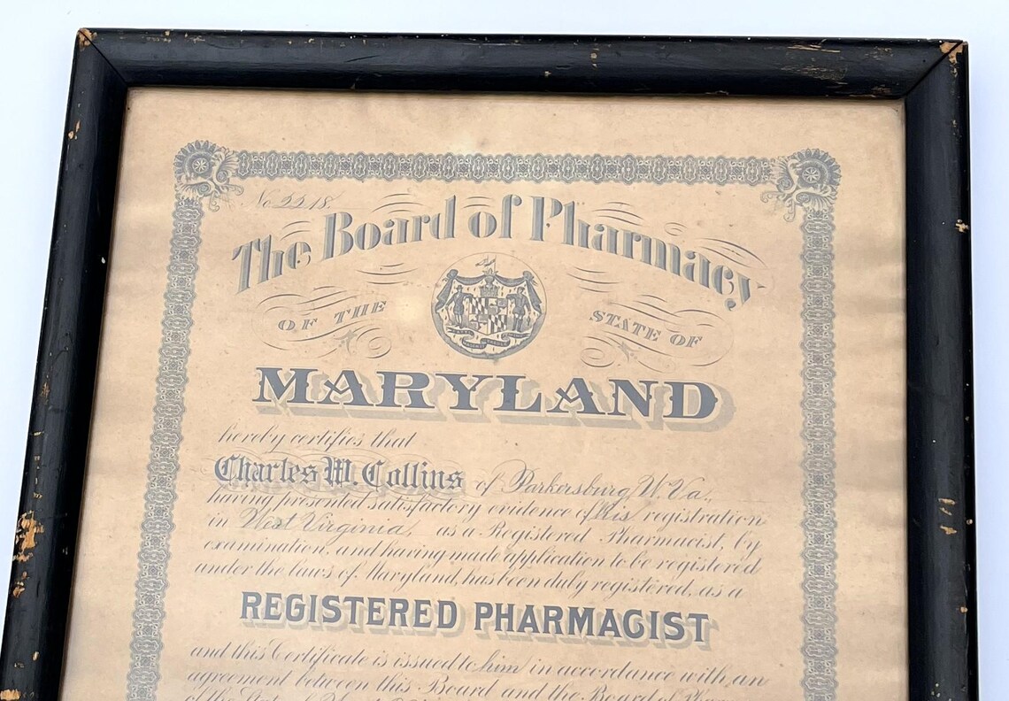 Antique Pharmacist License, Framed 1920 Board of Pharmacy Certificate ...
