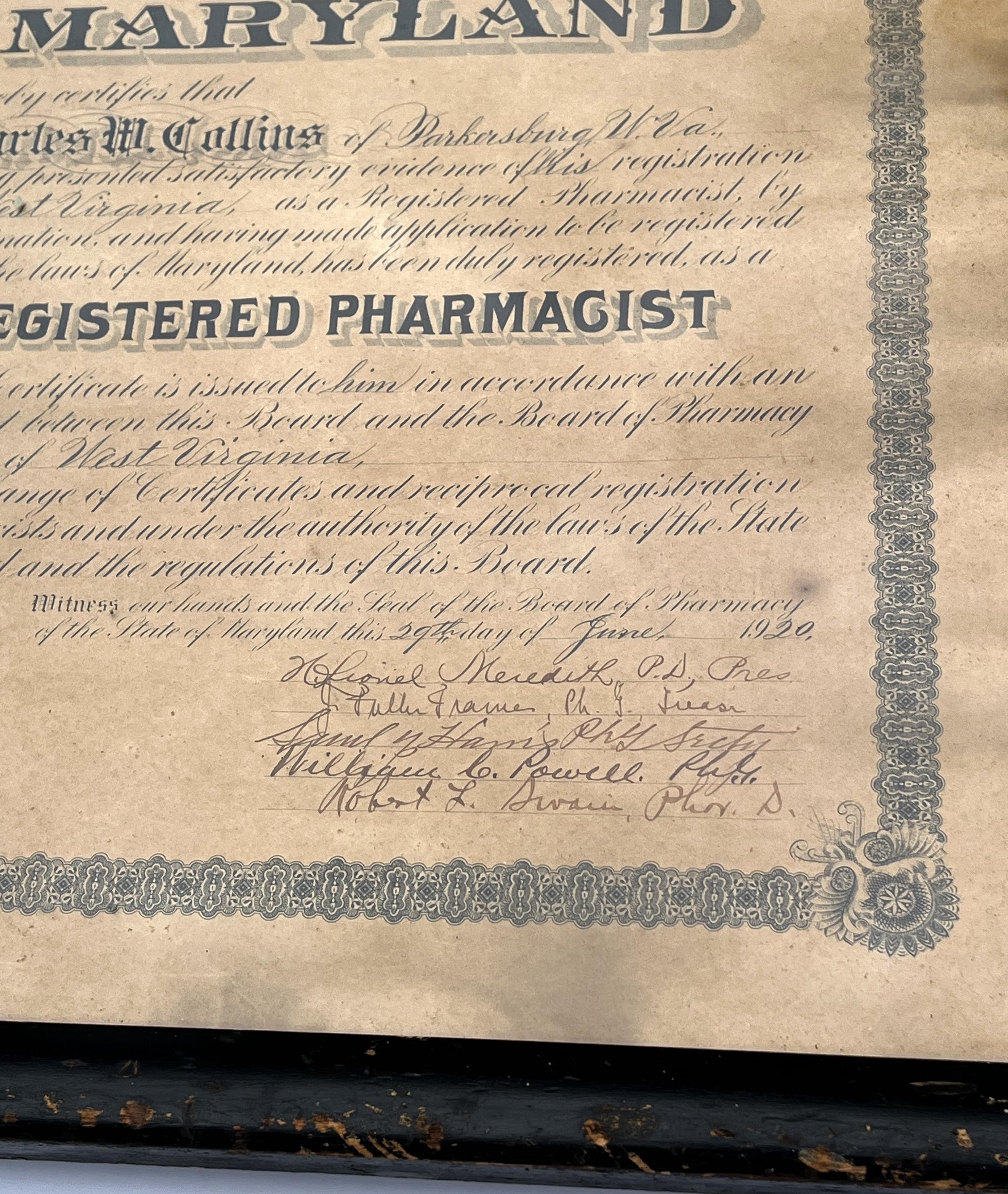 Antique Pharmacist License, Framed 1920 Board of Pharmacy Certificate ...