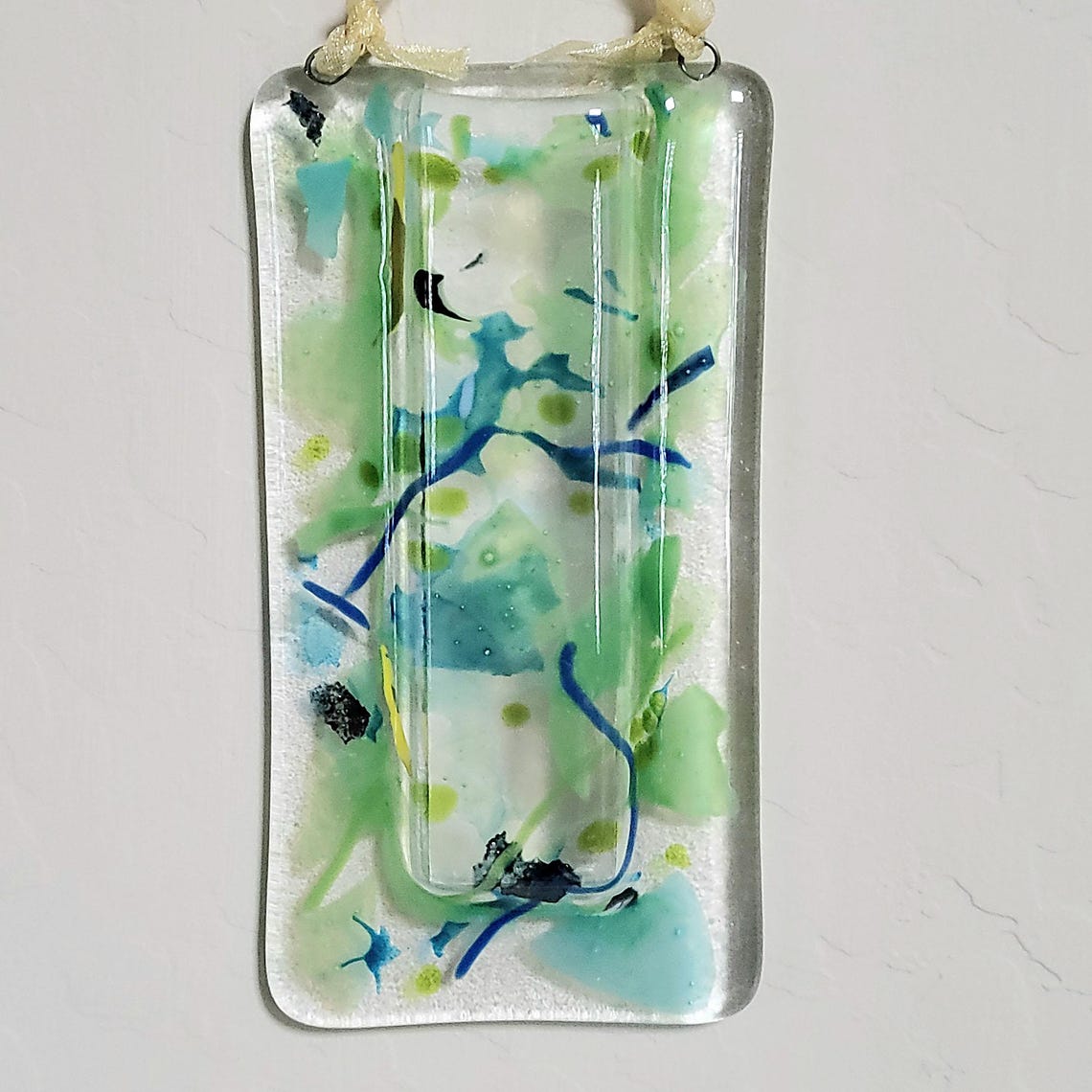 Fused Glass Wall Pocket Vase in Clear Glass With Spatters of Green and ...
