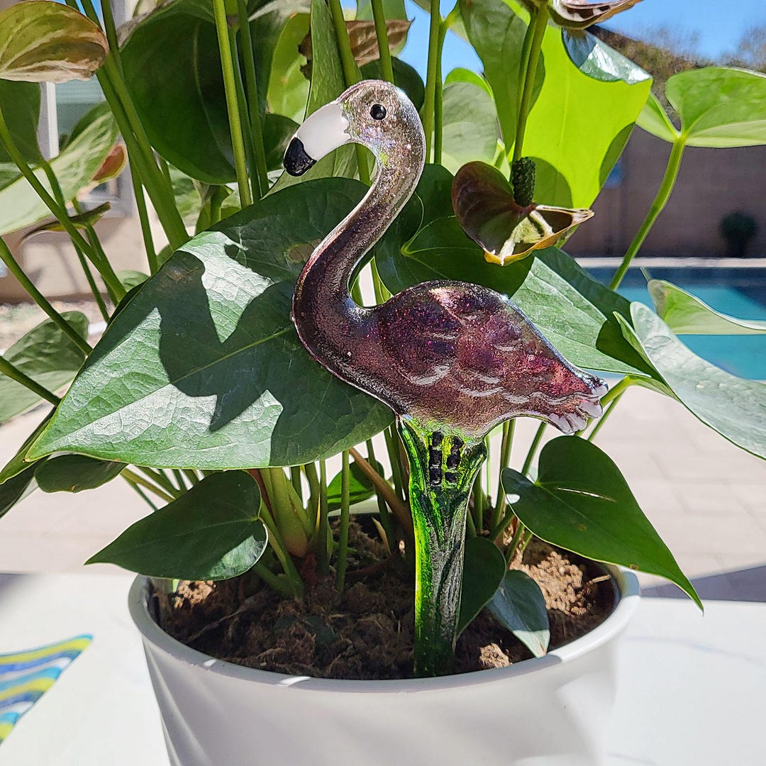 Fused Glass Flamingo Plant Stake. Light Purple Glass Flamingo. Cast ...