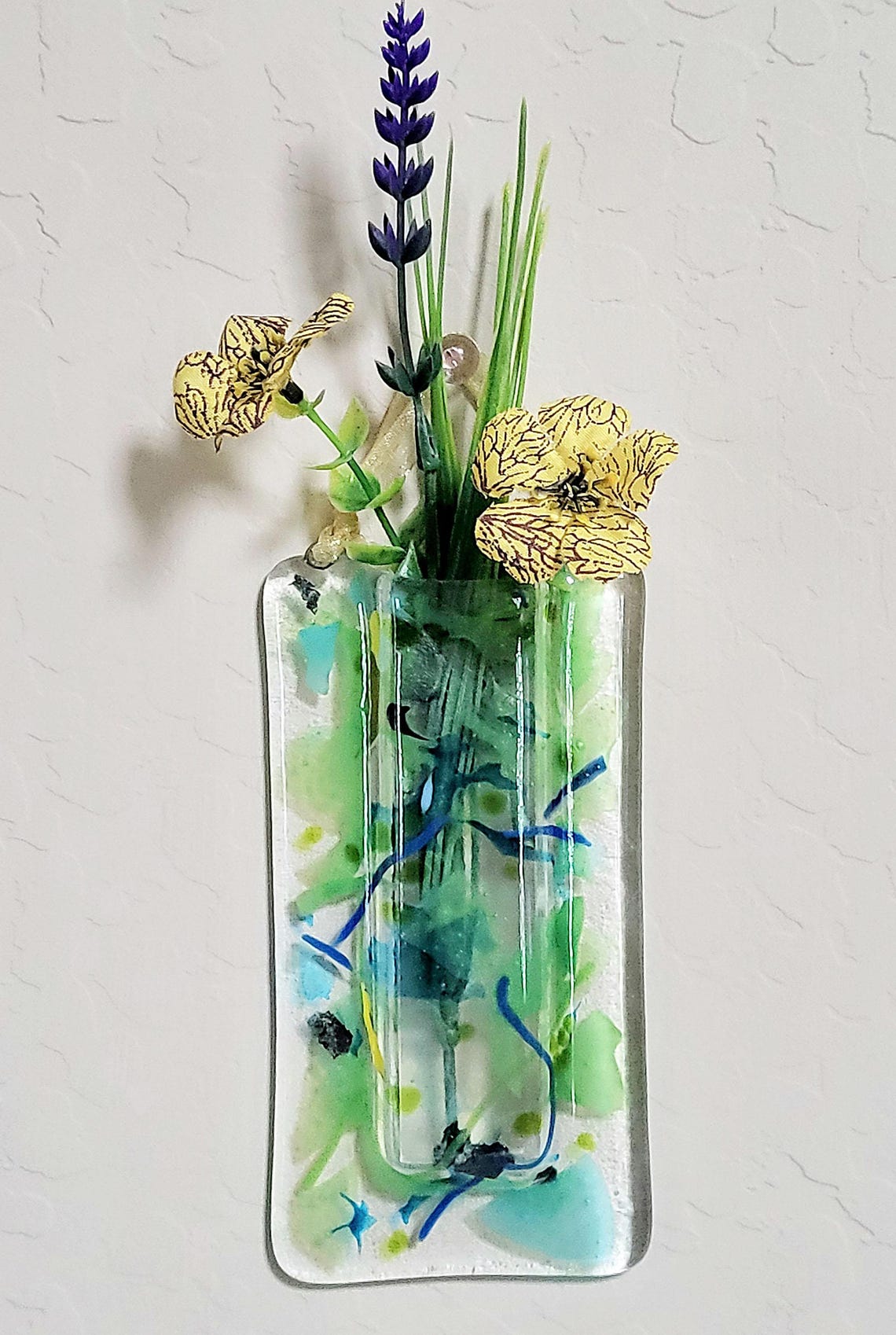 Fused Glass Wall Pocket Vase in Clear Glass With Spatters of Green and ...