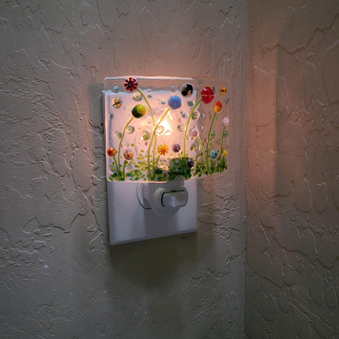 Fused Glass Night Light With Flower Murrini on Clear Glass With 4 Watt ...