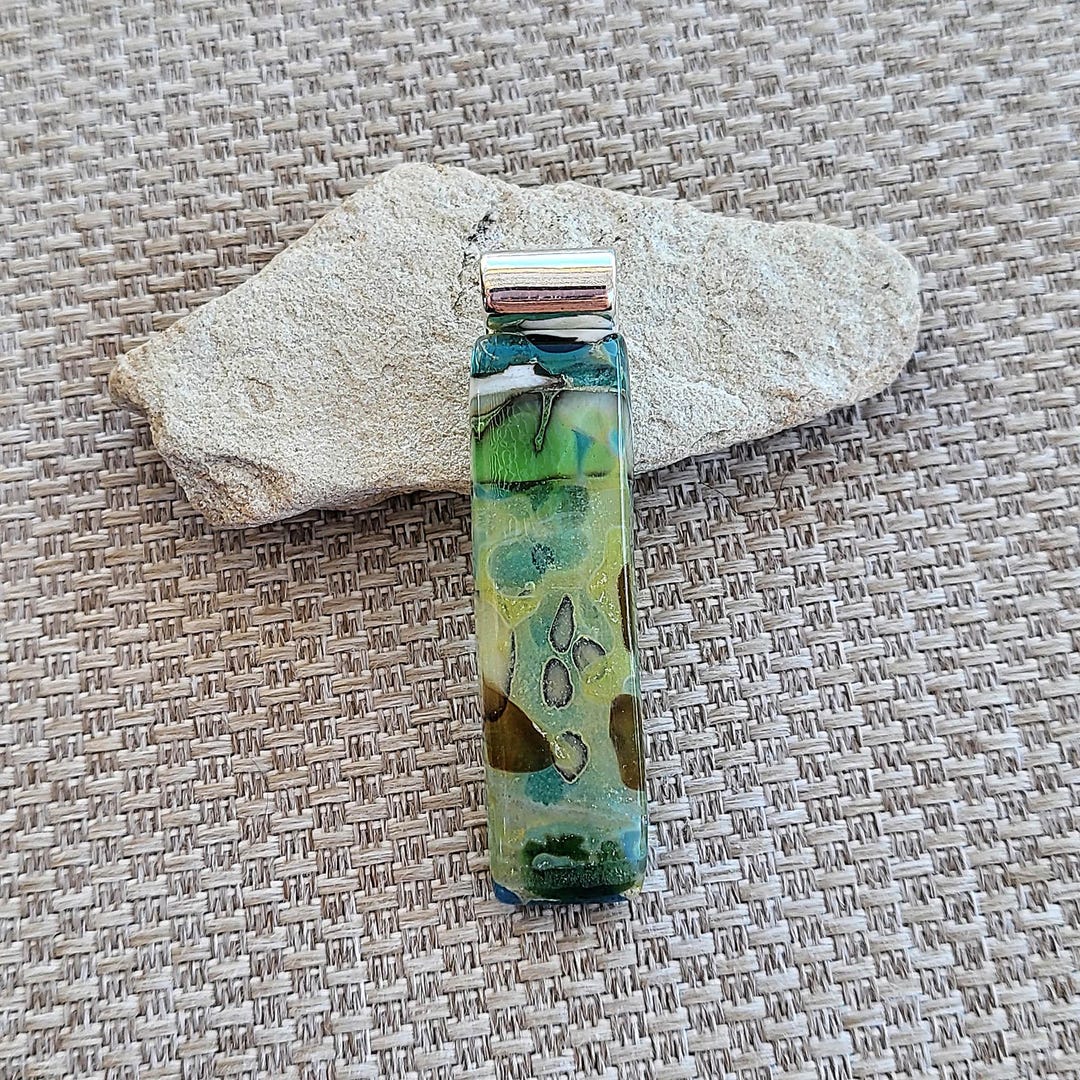 Fused Glass Bar Pendant, Green Pebble Design, 18in Silver Chain - Etsy