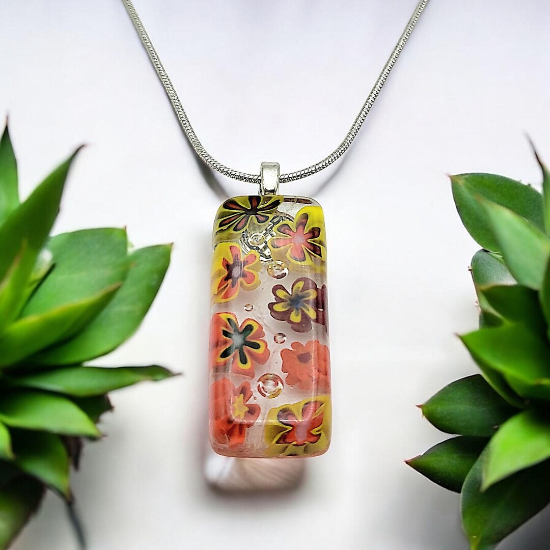 Flower Glass Pendant, Murrini Filled Pendant, Clear Glass Pendant With ...