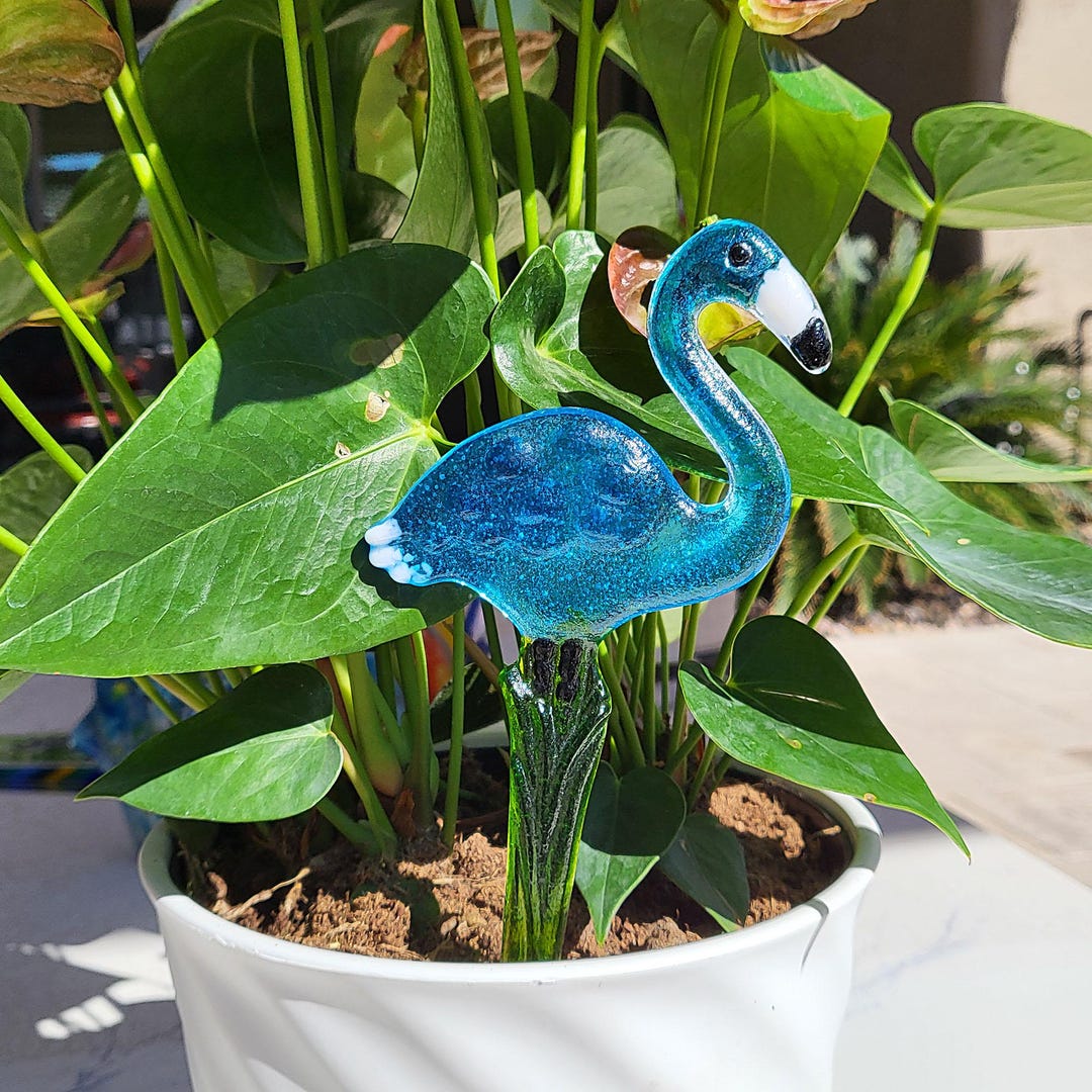 Fused Glass Flamingo Plant Stake. Sky Blue Glass Flamingo. Cast Glass ...