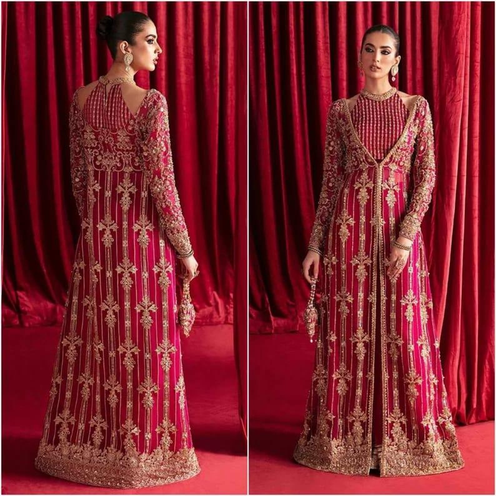 Pakistani Indian Wedding Dress Long Gown Red Nikkah Garara Mehndi Mayon ...