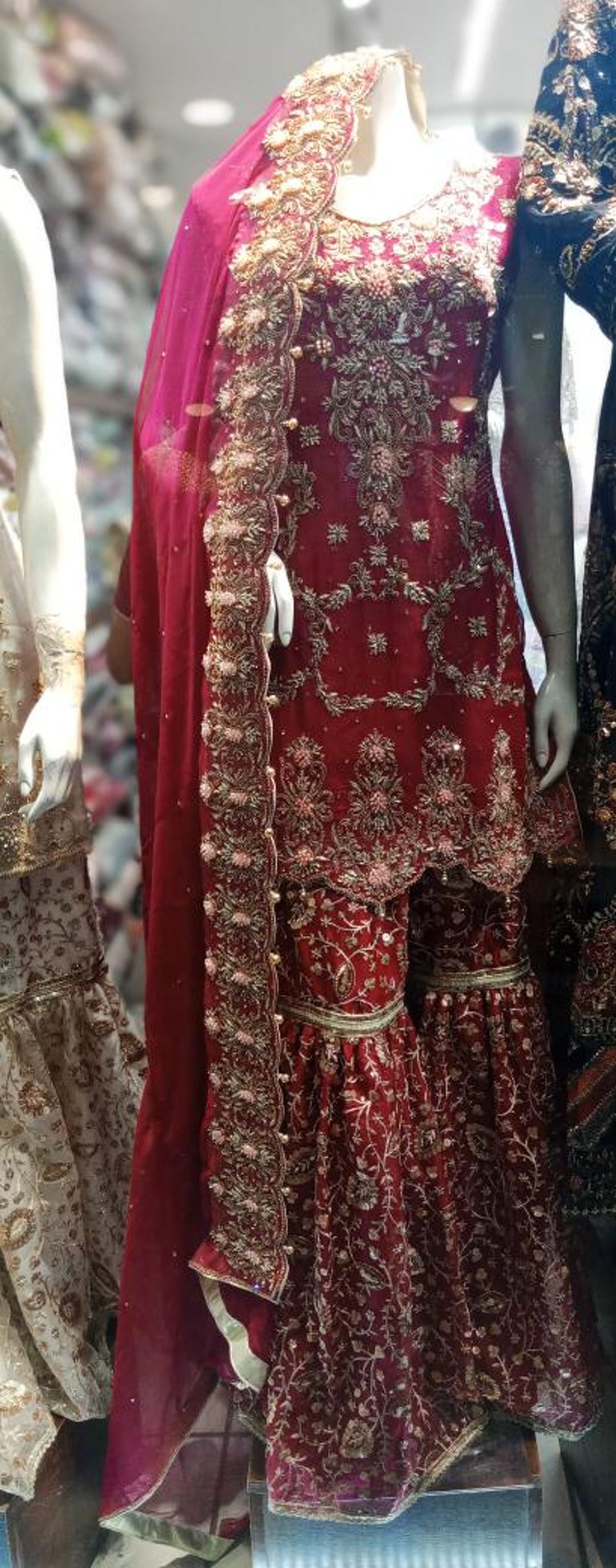 Pakistani Indian Wedding Dress Nikkah Garara in Red Heavy Embroidery ...