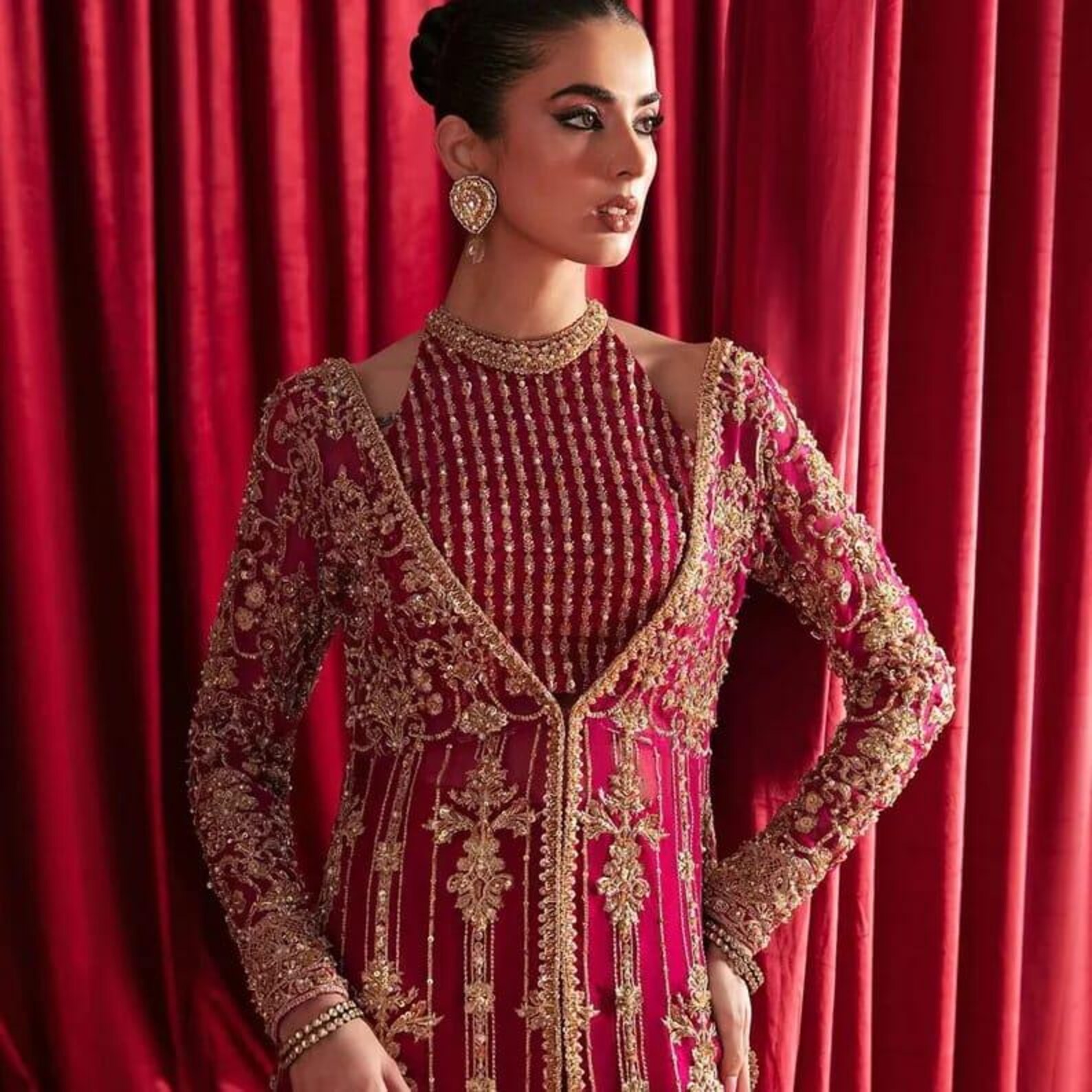 Pakistani Indian Wedding Dress Long Gown Red Nikkah Garara Mehndi Mayon ...