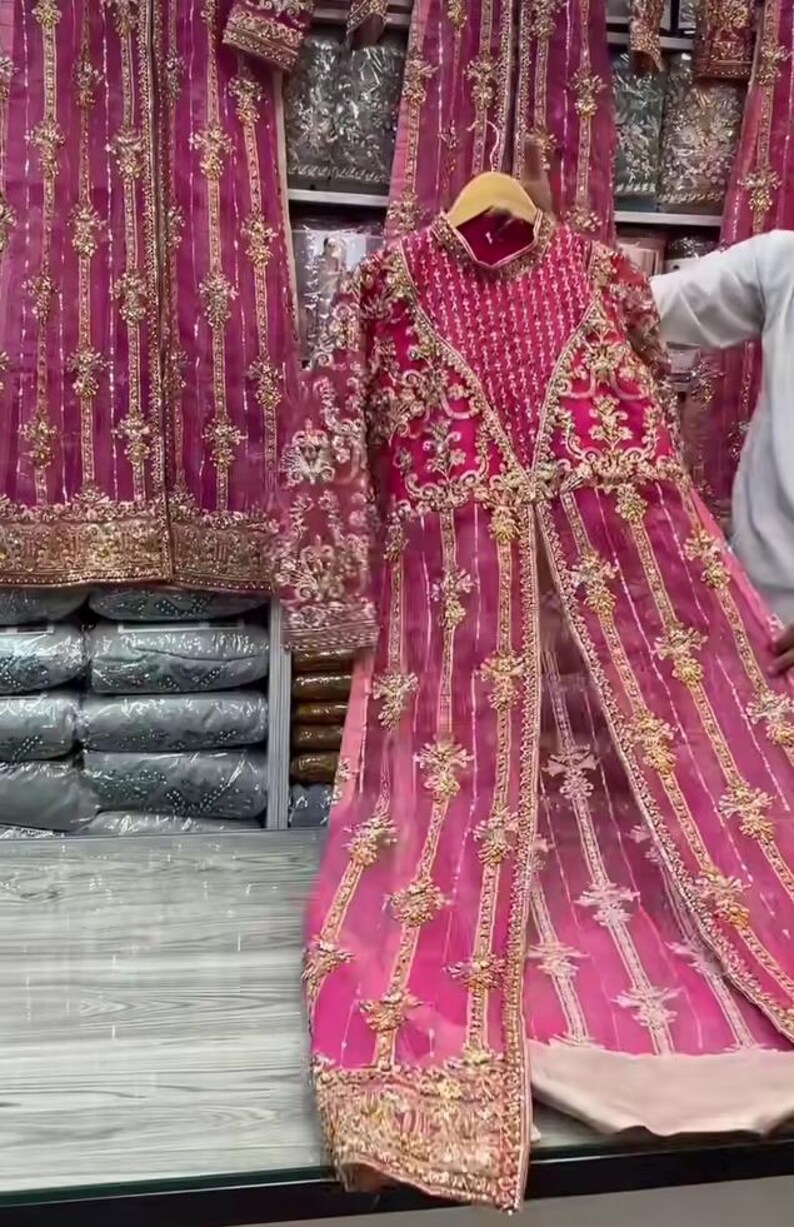Pakistani Indian Wedding Dress Long Gown Red Nikkah Garara Mehndi Mayon ...