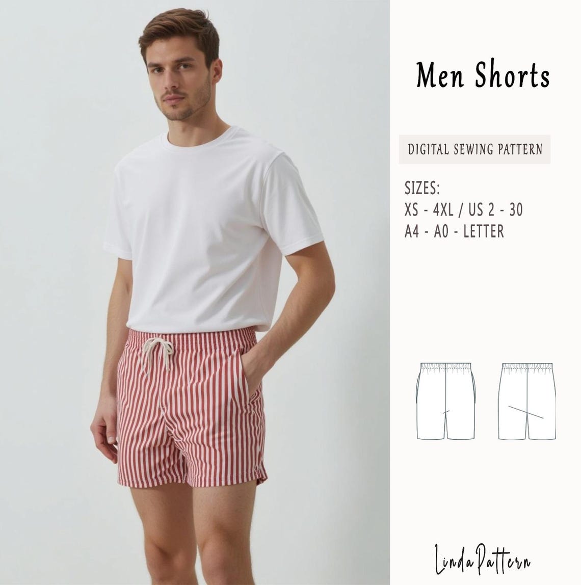 Men's Linen Shorts Sewing Pattern, Elastic Waist, XS-3XL (PDF Pattern ...