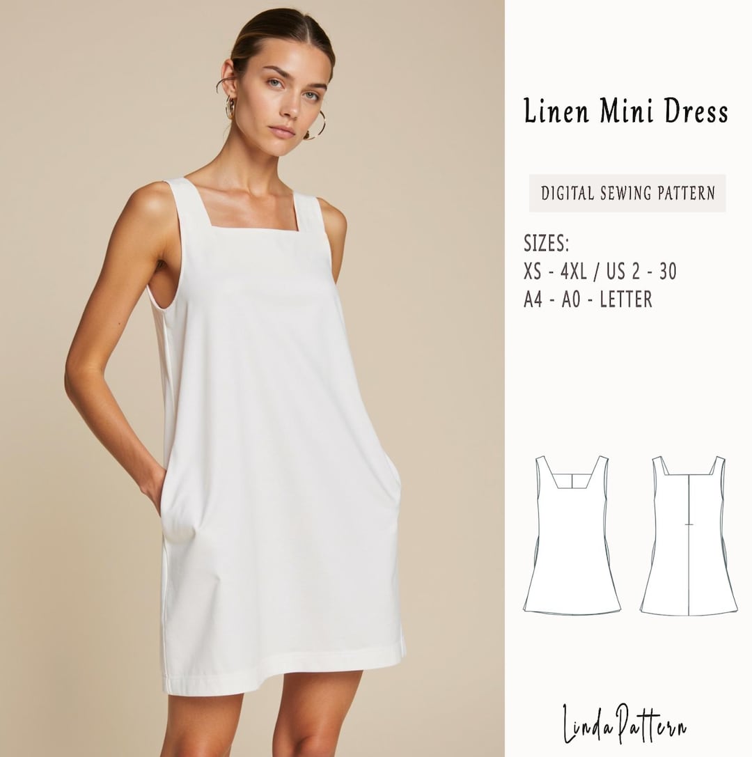 Sleeveless Summer Dress Sewing Pattern, Loose Mini Dress Pattern, Shift ...