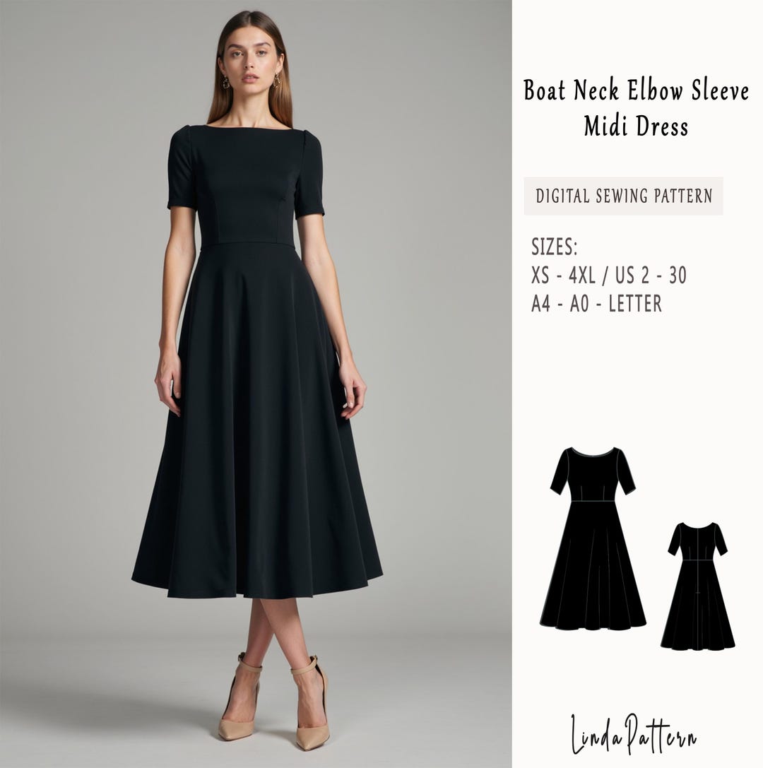 Boat Neck Elbow Sleeve Midi Dress Sewing Pattern, Easy Dress Pattern ...