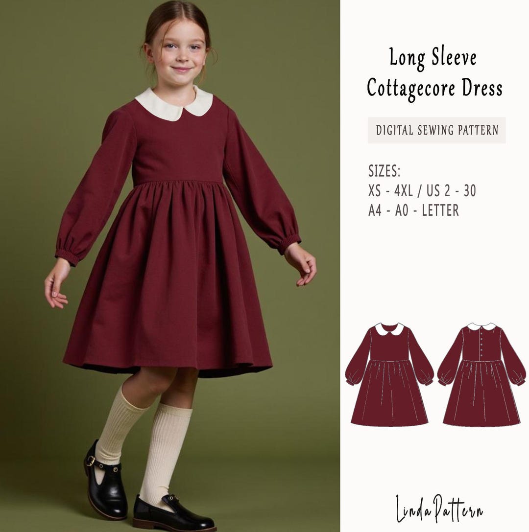 Girl Kid's Peter Pan Collar Gathered Dress Sewing Pattern, Cottagecore ...