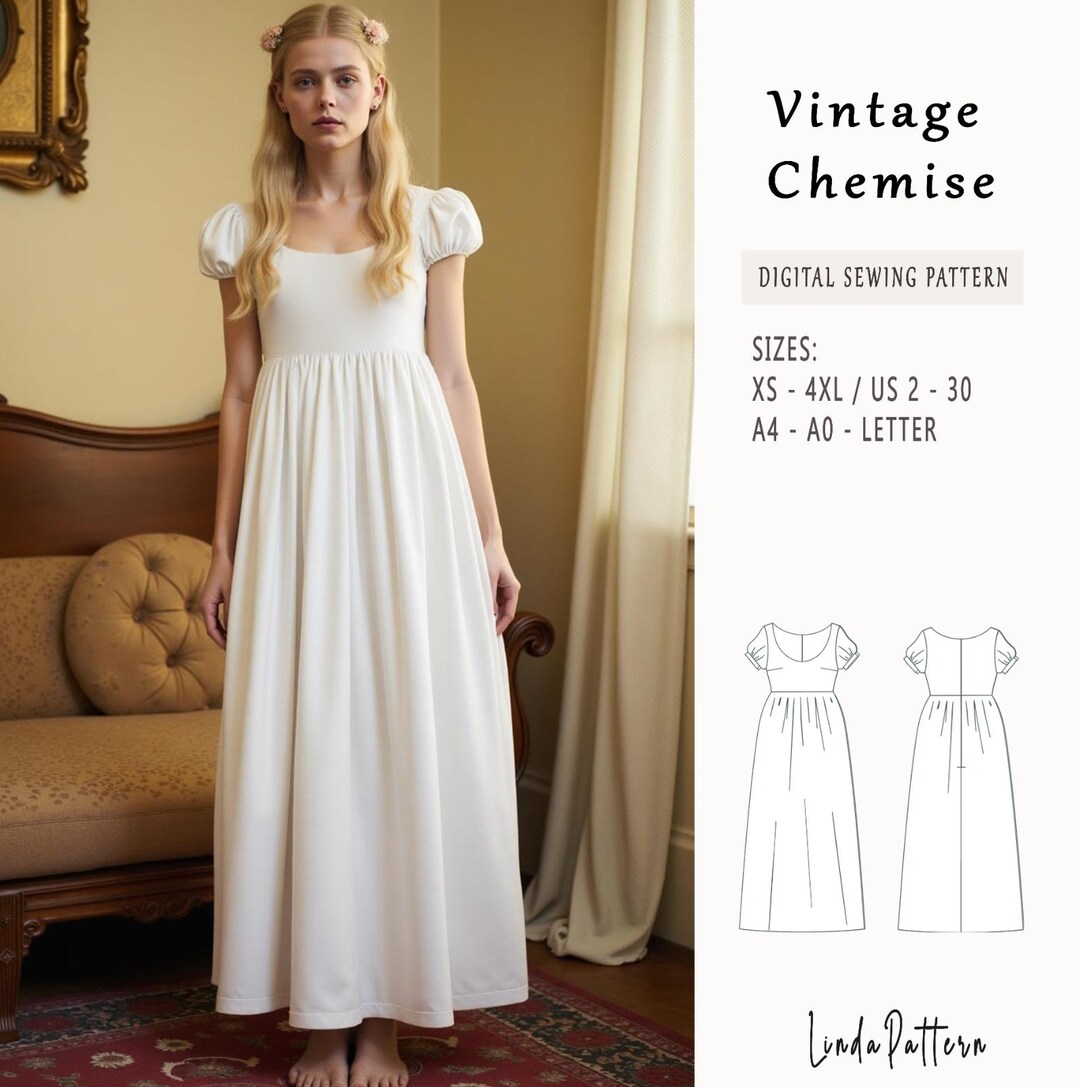 Vintage Maxi Chemise Sewing Pattern, Renaissance Petticoat Dress ...