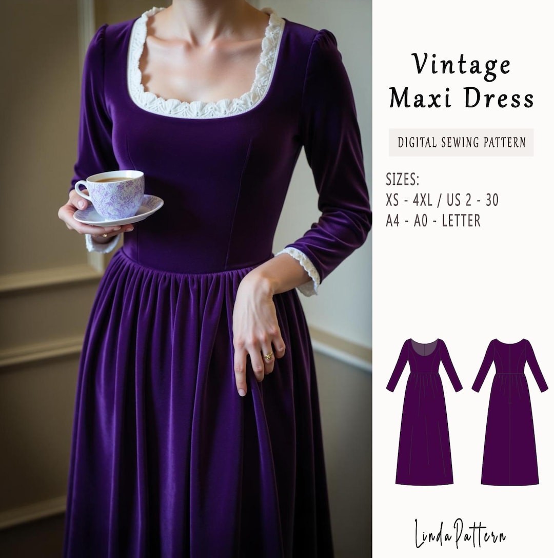 1950s Inspired Vintage Sewing Patterns, Scoop Neck Maxi Dress, Prairie ...