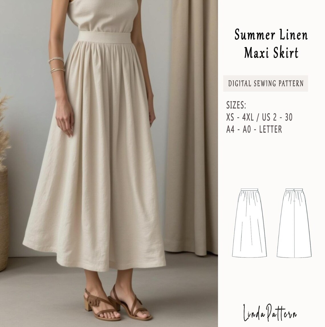 Linen Maxi Skirt Sewing Pattern, Cottagecore Style (XS-4XL) (PDF ...