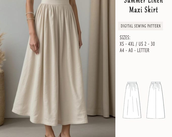 Linen Gathered Maxi Skirt Sewing Pattern, Cottagecore Skirt, Linen ...