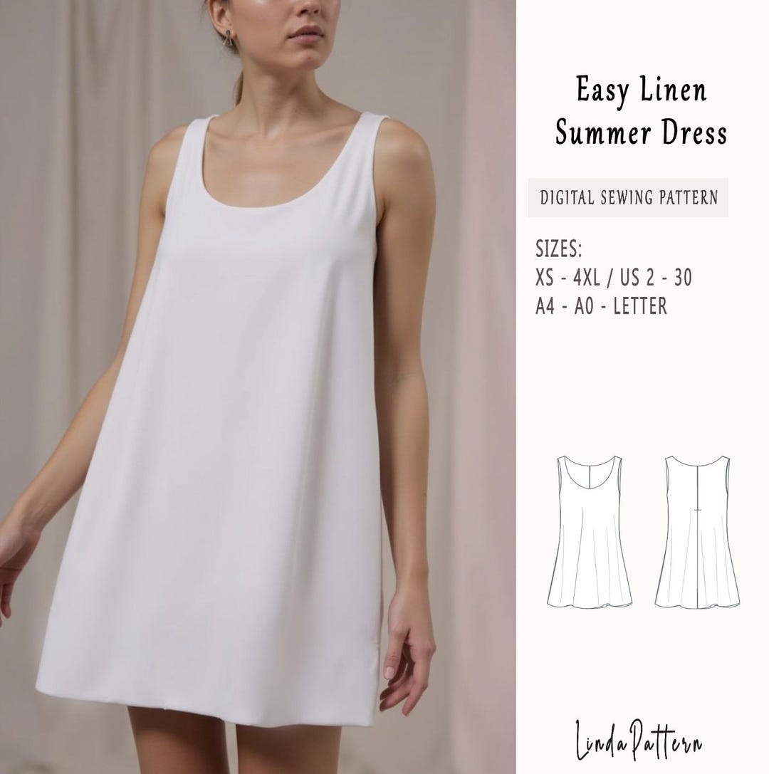 Linen Mini Shift Dress Sewing Pattern, Scoop Neck (PDF Digital) XS-5XL ...