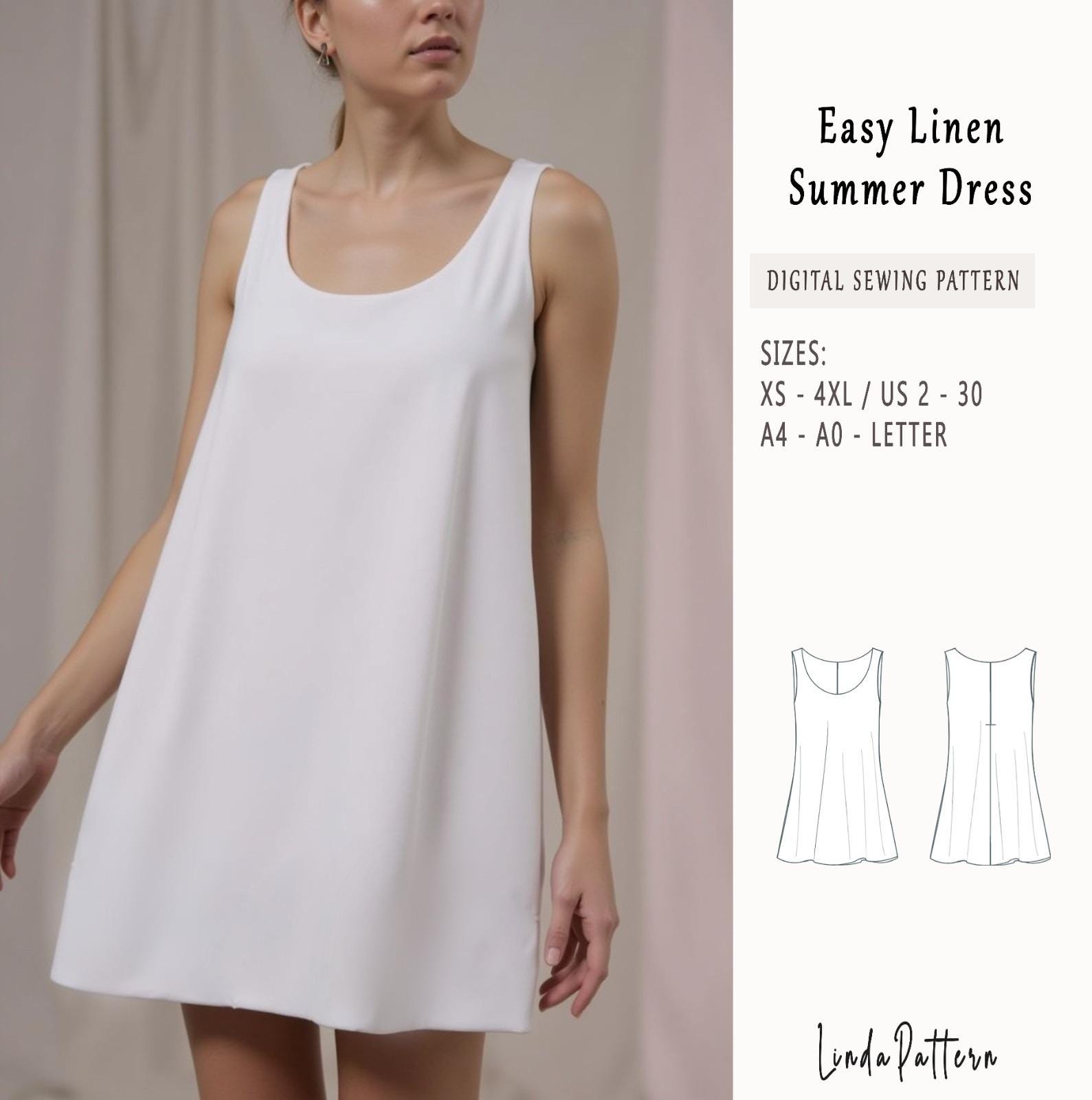 Linen Mini Shift Dress Sewing Pattern, Scoop Neck (PDF Digital) XS-5XL ...