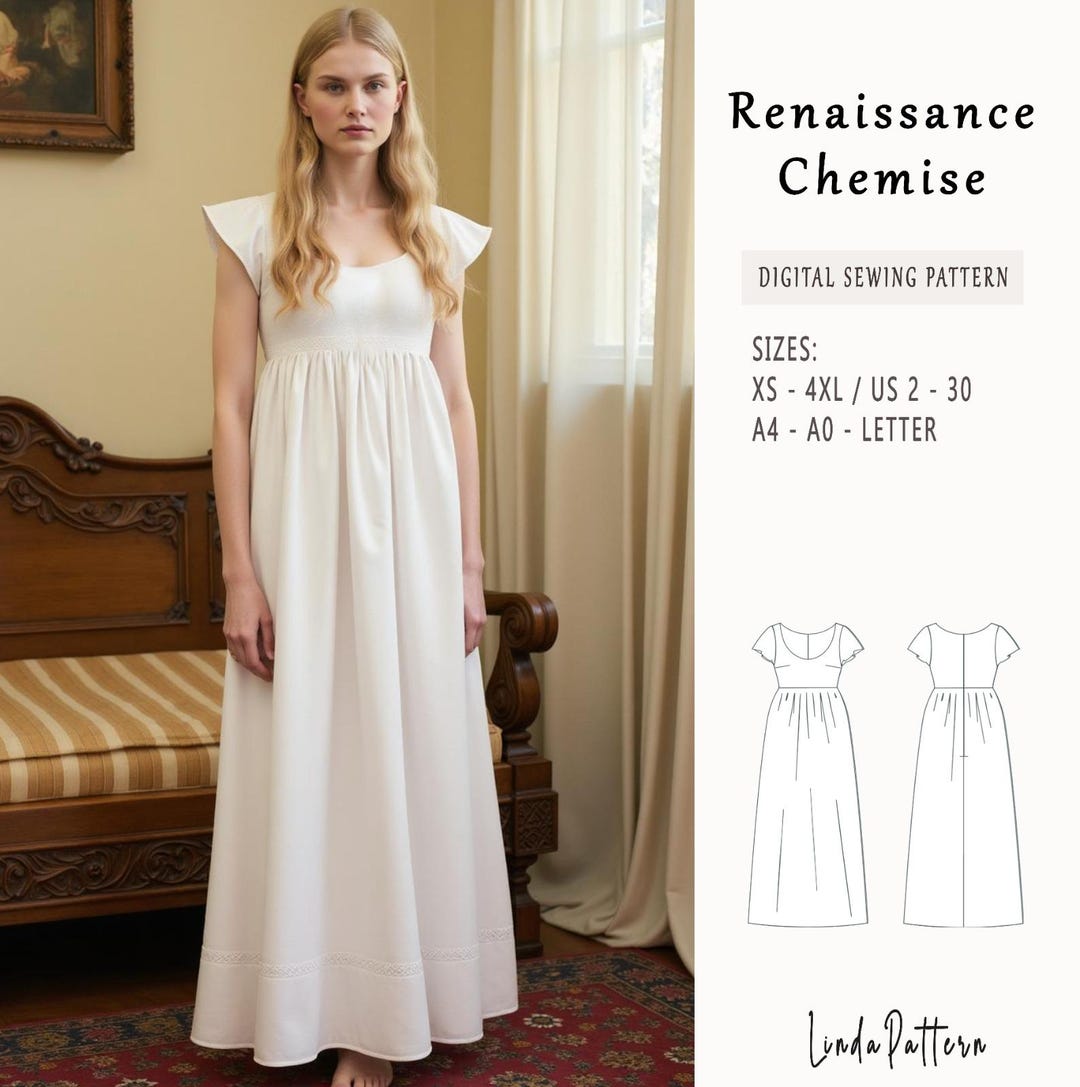 Renaissance Maxi Chemise Sewing Pattern, Gathered Maxi Cottagecore ...