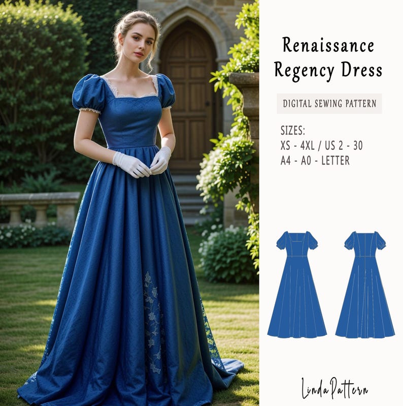 Renaissance Regency Medieval Cosplay Dress Sewing Pattern, Ball Gown ...