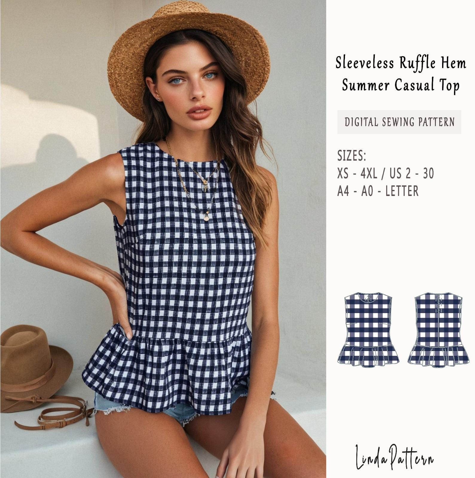 Peplum Ruffle Top Sewing Pattern, Sleeveless Women Top Pattern, Ruffled ...