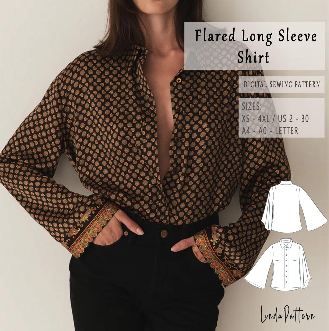 Flared Long Sleeve Shirt Sewing Pattern, Women Shirt Pattern, Anni ...
