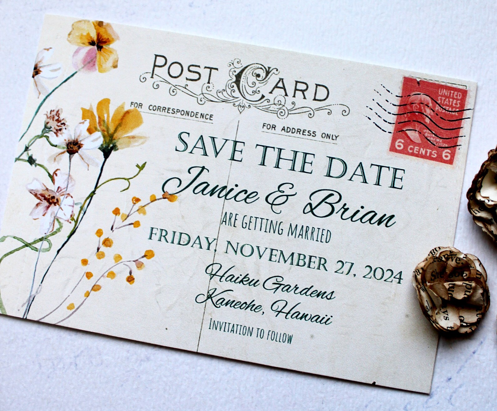 Vintage Postcard Save the Date: Watercolor Wildflowers (DIY or Printed ...