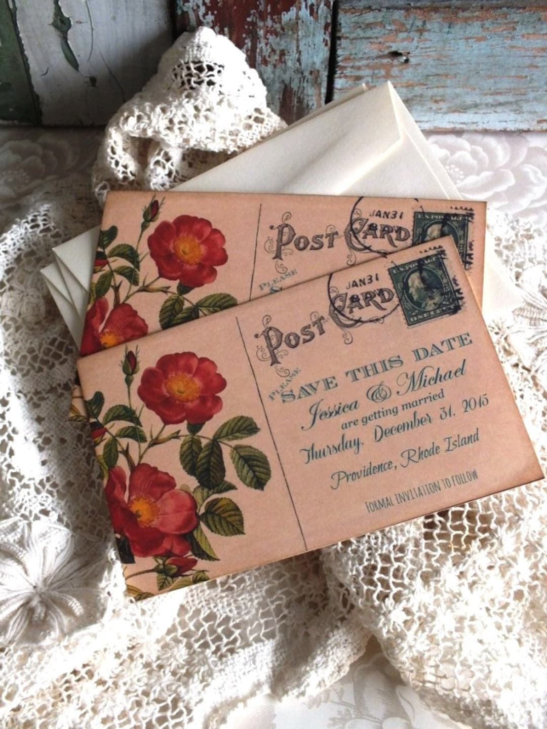 Vintage Floral Postcard Save the Date Cards: Handmade Wedding ...