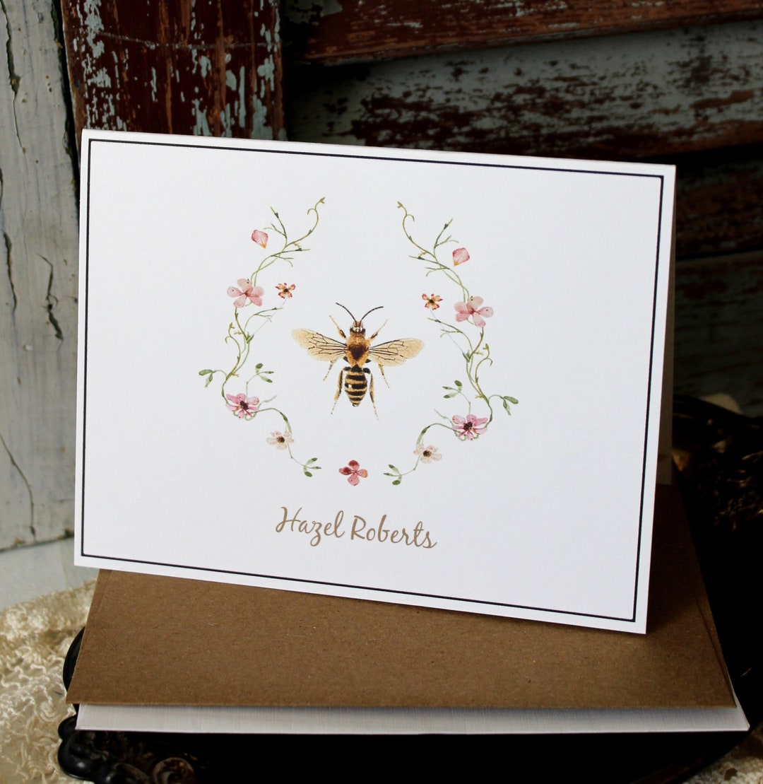Personalized Botanical Note Cards, Honey Bee Personalized Cards ...