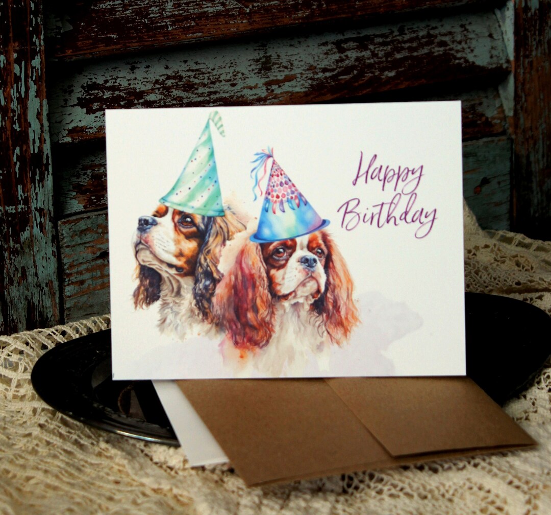 King Charles Cavalier Birthday Card: Spaniel Dog With Party Hats - Etsy