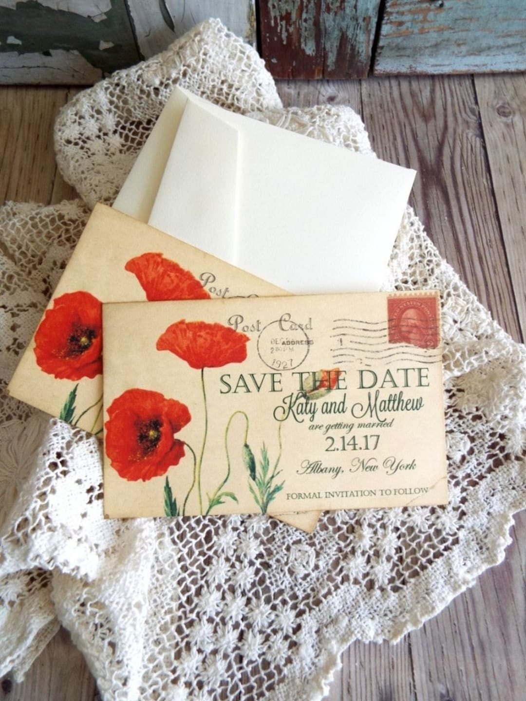 Handmade Vintage Postcard Save the Date Cards: Orange Poppies - Etsy