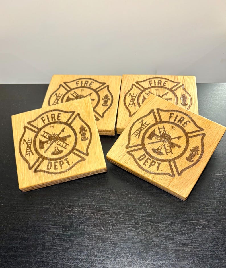 Laser Engraved Wooden Fire Dept Coaster Set - Personalized Firefighter ...