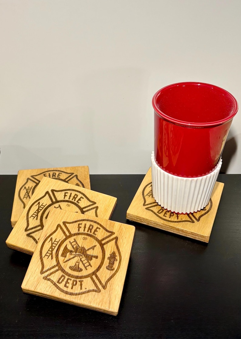 Laser Engraved Wooden Fire Dept Coaster Set - Personalized Firefighter ...