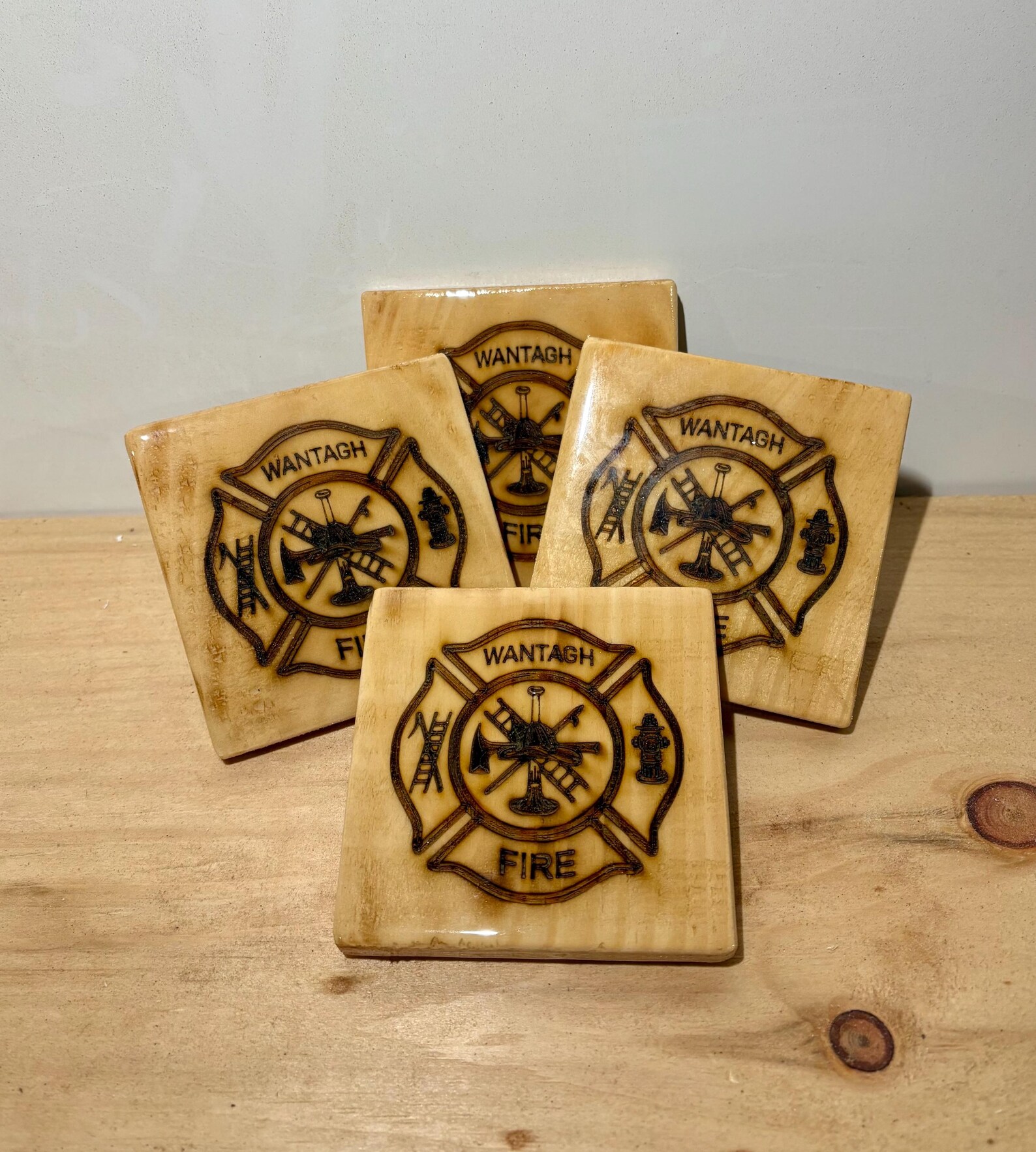 Laser Engraved Wooden Fire Dept Coaster Set - Personalized Firefighter ...
