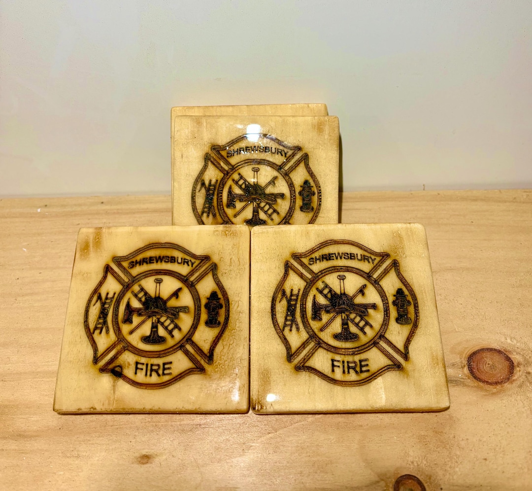 Laser Engraved Wooden Fire Dept Coaster Set - Personalized Firefighter ...