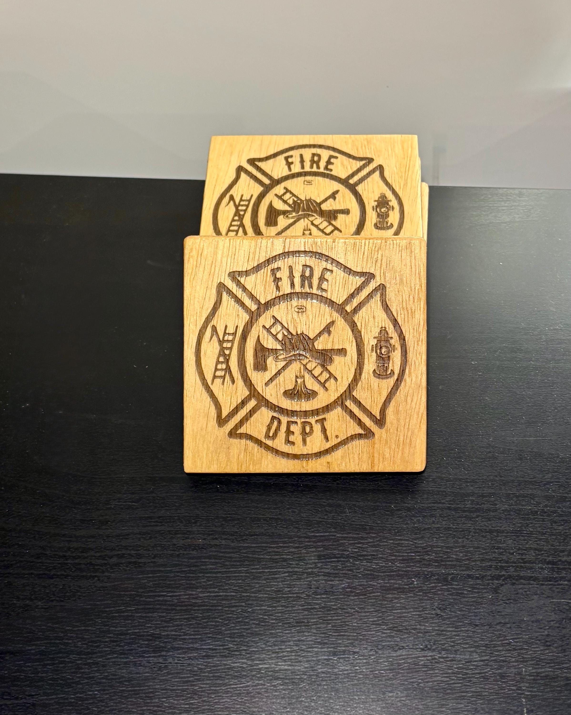 Laser Engraved Wooden Fire Dept Coaster Set - Personalized Firefighter ...