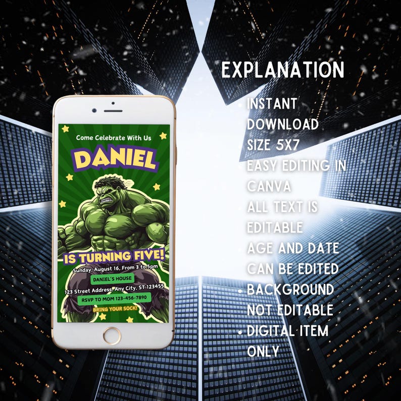 Editable Hulk Birthday Party Invitation, Canva Template, Instant ...