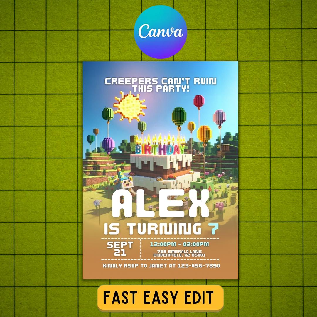 Editable Minecraft Birthday Invitation, Editable Canva Template ...