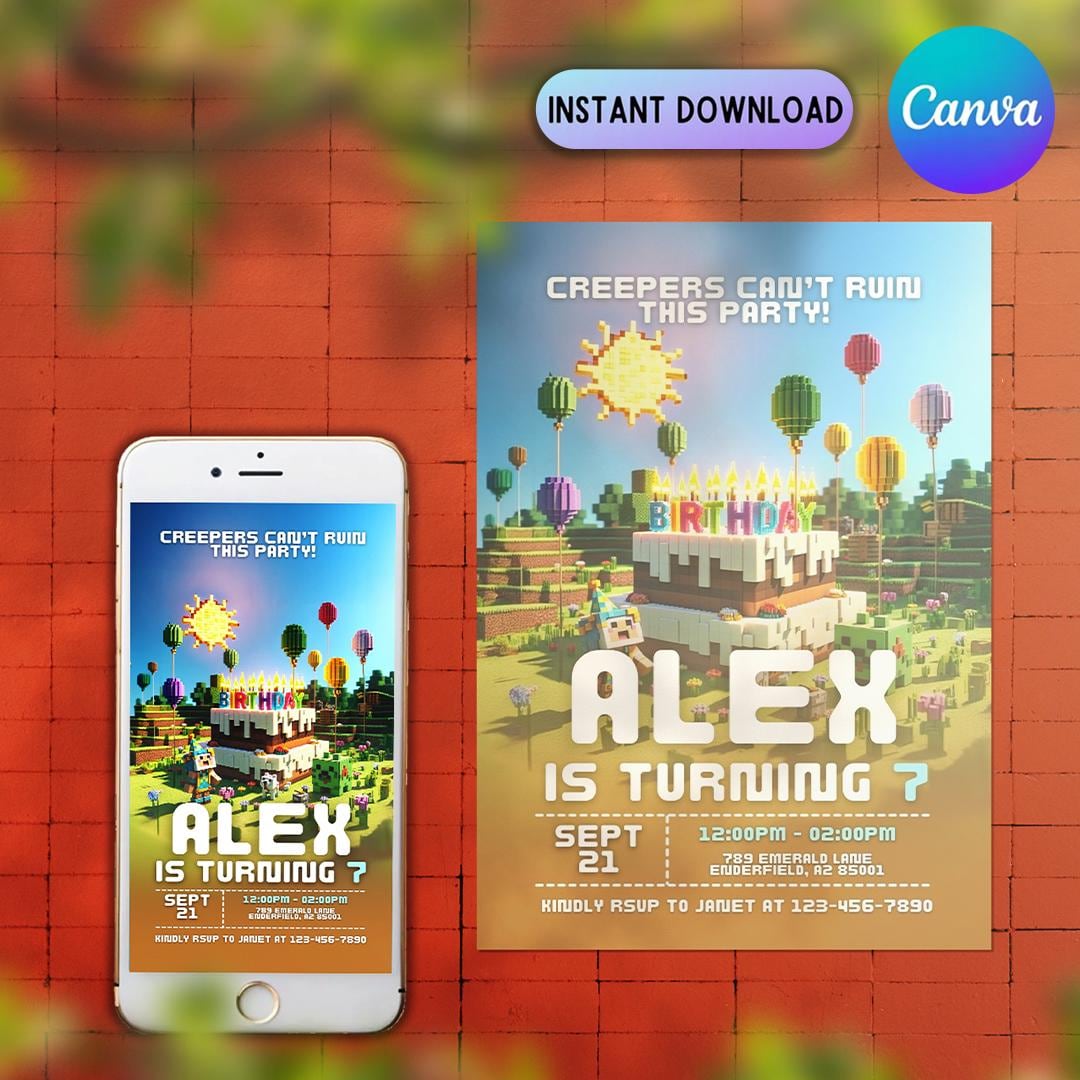 Editable Minecraft Birthday Invitation, Editable Canva Template ...
